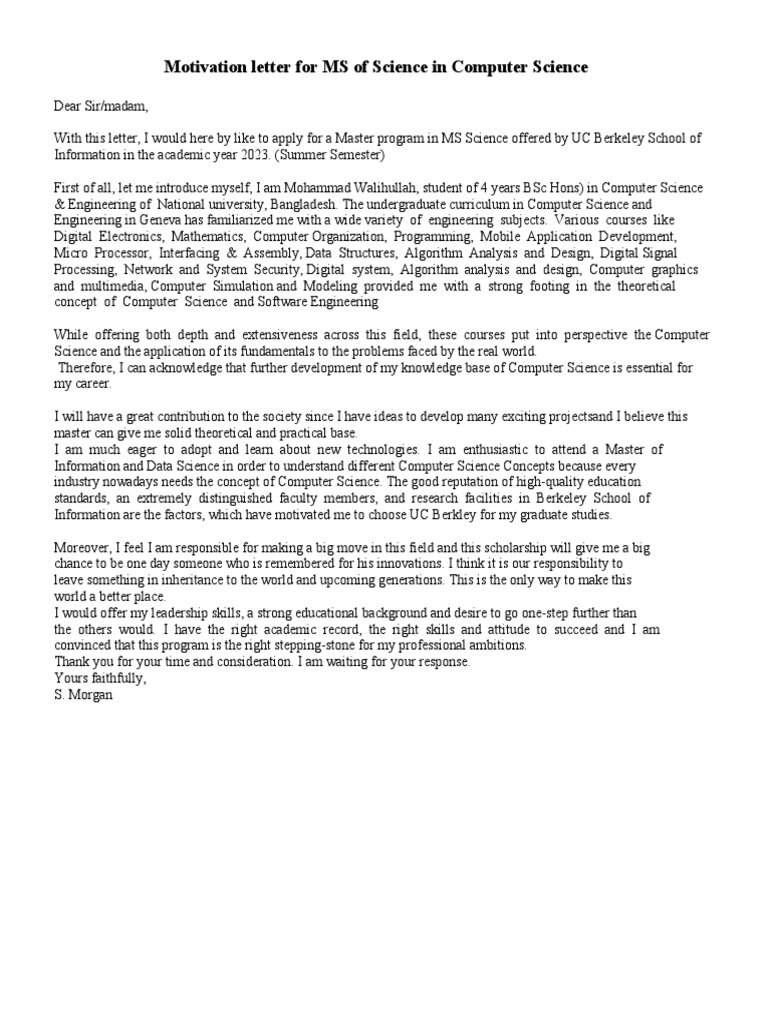 Motivation Letter For Master | PDF | Computer Science | Science