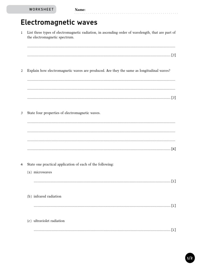 Electromagnetic Waves - Worksheet | PDF | Electromagnetic Radiation ...