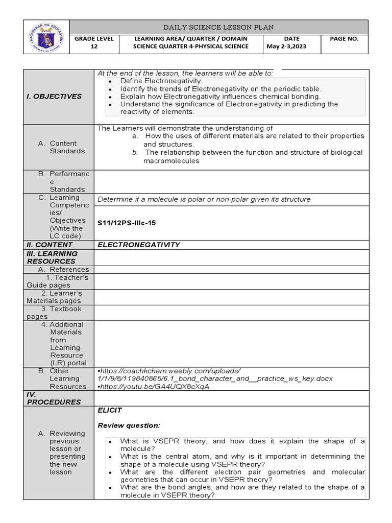 Lesson Plan for ELECTRONEGATIVITY | PDF