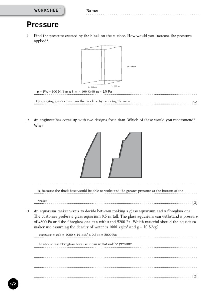 Pressure - Worksheet (With Answers) | PDF