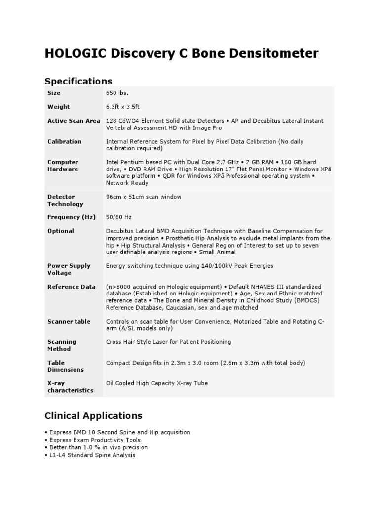 HOLOGIC Discovery C Bone Densitometer | PDF