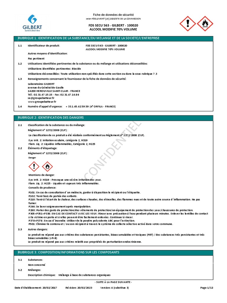 Fds Secu 563 - Gilbert - Alcool Modifie 70% Volume - V4-Fr | PDF