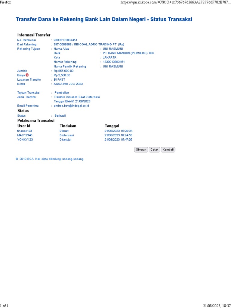 Status Transfer Dana Berhasil | PDF