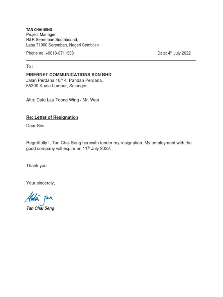 TAN CHAI SENG - Resignation Letter | PDF