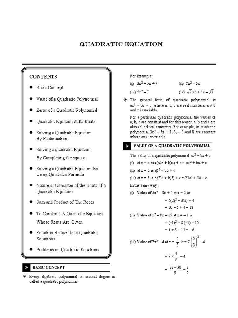 Quadratic Equations: Concepts and Solutions | PDF