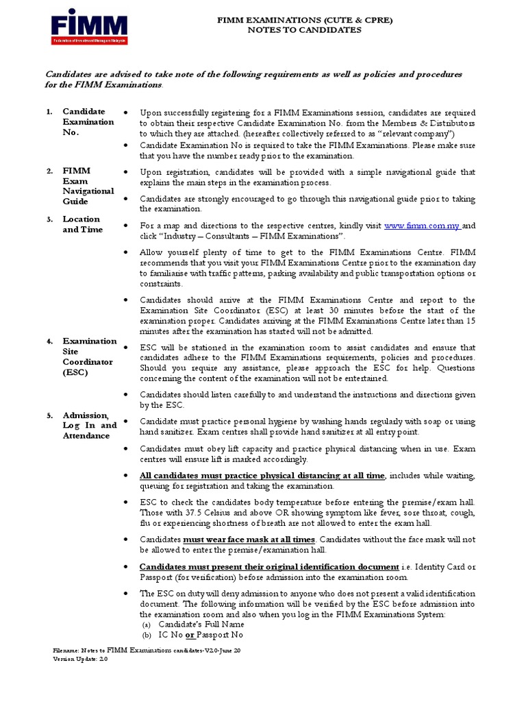 FIMM Examination Guidelines for Candidates | PDF | Identity Document ...