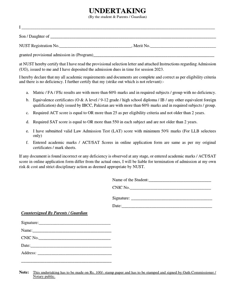 NUST Admission Undertaking Form 2023 | PDF