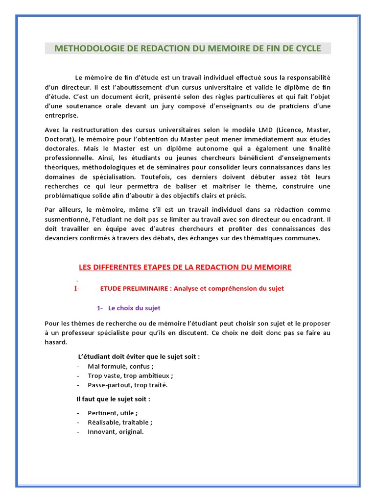 Methodologie de Redaction Du Memoire de Fin de Cycle M2 | PDF