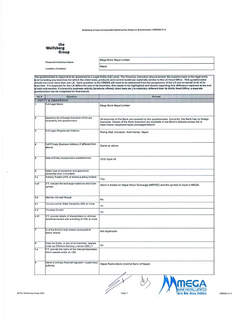 Wolfsberg Questionnaire Kyc Aml1626344893 | PDF
