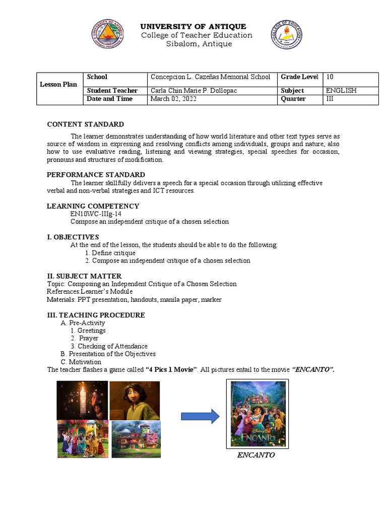 Lesson Plan: Composing a Critique | PDF | Evaluation | Lesson Plan