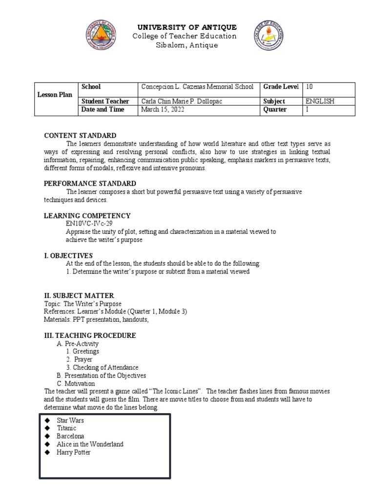 Week 4 Lesson Plan (Final) | PDF
