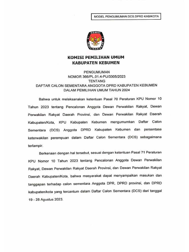 Pengumuman DCS Kpu Kebumen Pemilu 2024 | PDF