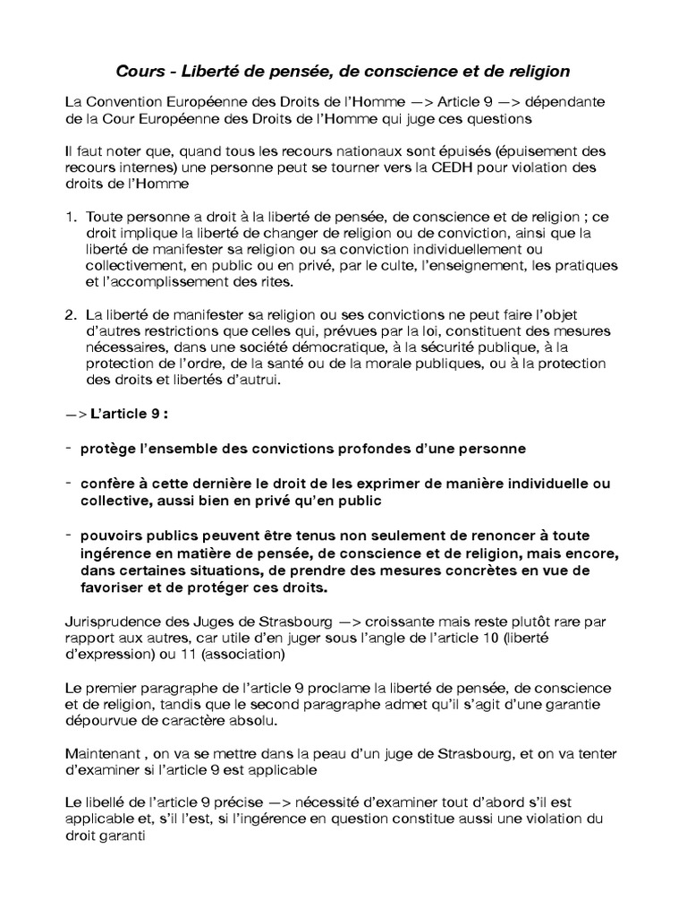 Cours Liberté de Pensée Conscience Religion | PDF