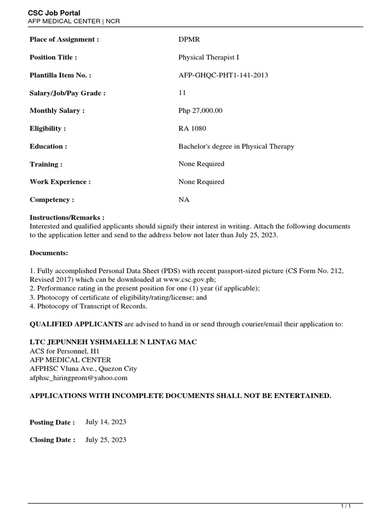 Afp Medical Center-Physical Therapist I | PDF