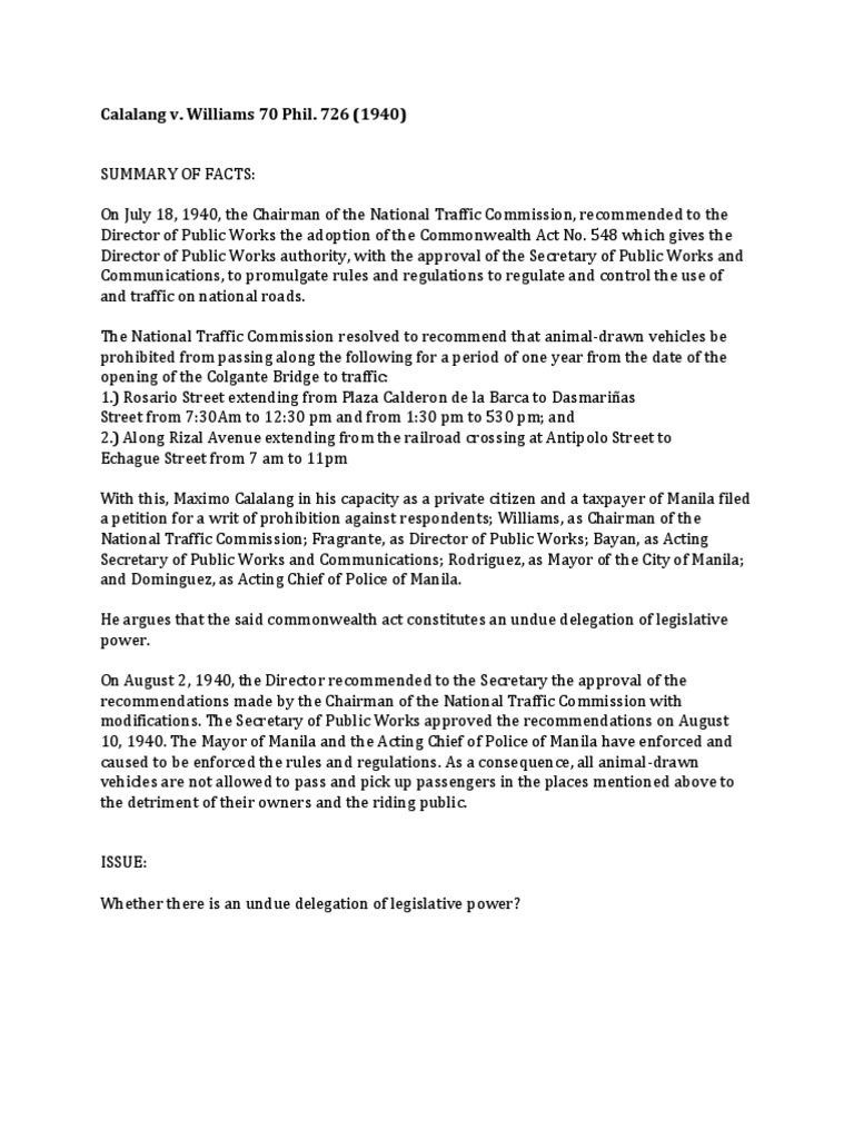 Calalang v. Williams 70 Phil. 726 (1940) | PDF | Traffic | Public Law