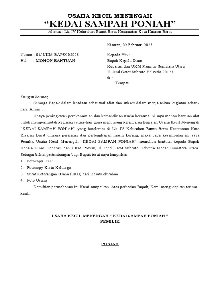 Permohonan Bantuan Kedai Sampah Poniah | PDF | Bisnis | Pengelolaan ...
