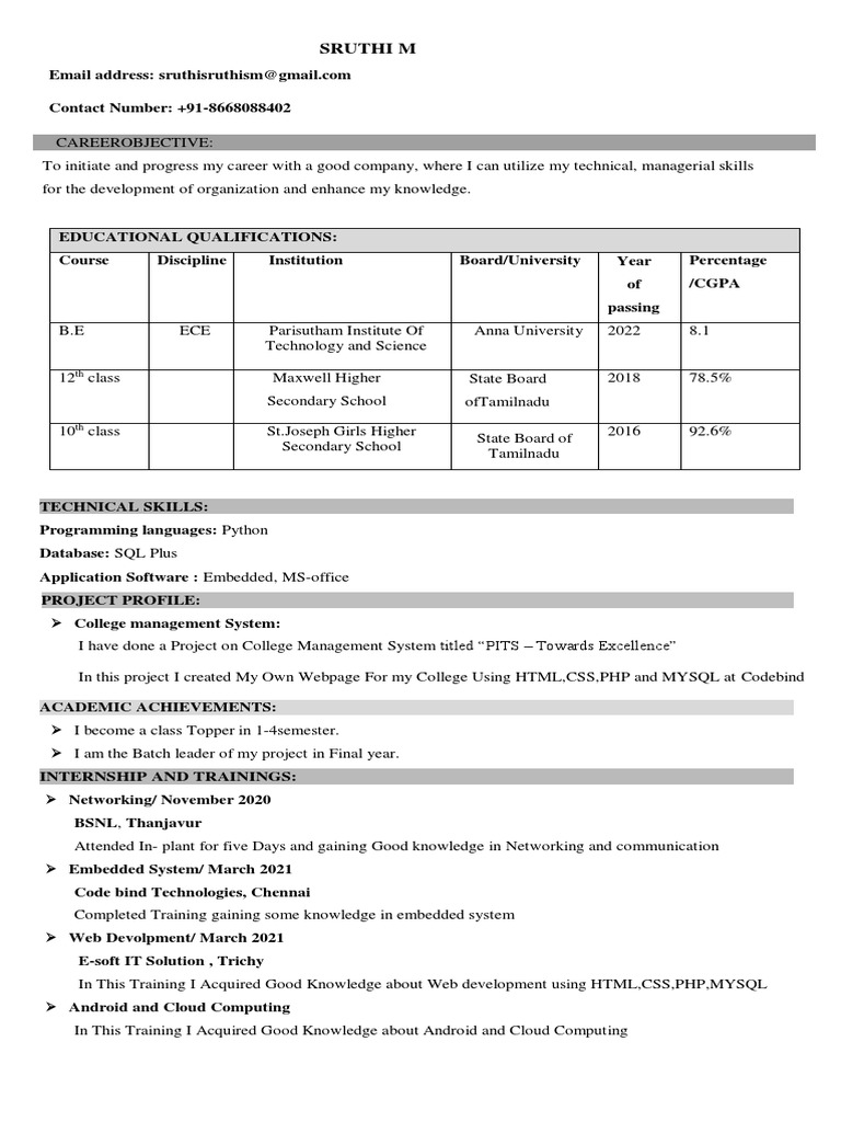 Sruthi Resume | PDF | My Sql | World Wide Web