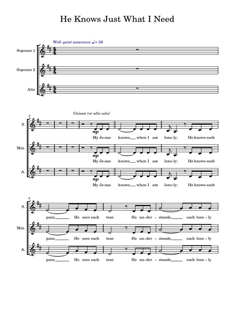 He Knows Just What I Need SSA | PDF | Choral Music | Vocal Music