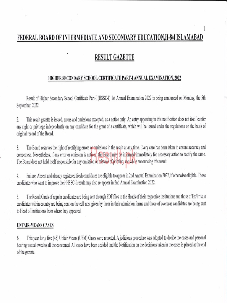 Fbise 1st Year Result 2022 Gazette | PDF