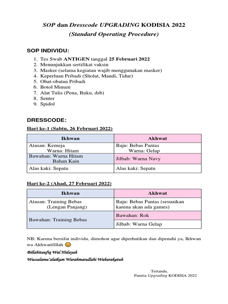 Sop & Dresscode Upgrading 2022 | PDF