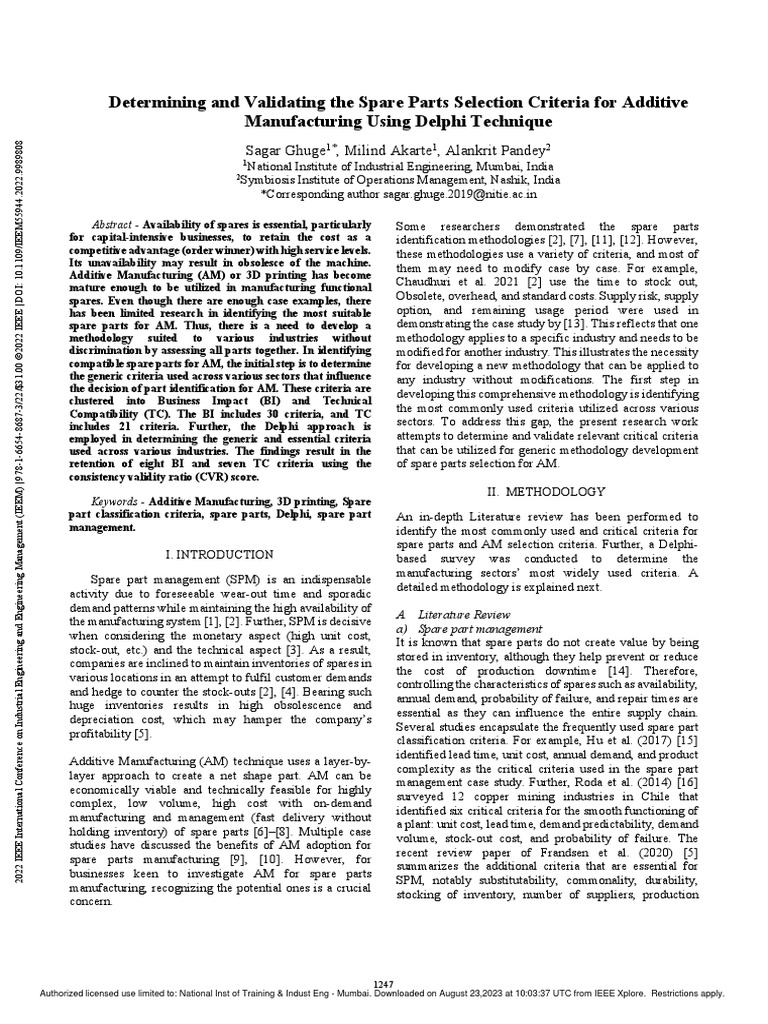 Determining and Validating The Spare Parts Selection Criteria For ... Determining and Validating The Spare Parts Selection Criteria For ...