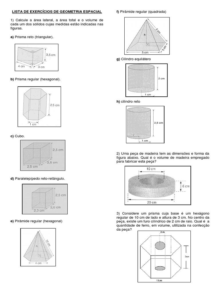 LISTA DE EXERCÍCIOS DE GEOMETRIA ESPACIAL - Revisão | PDF