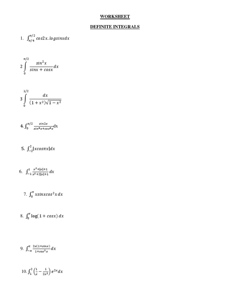 Class Xii Worksheet_definite Integrals | PDF