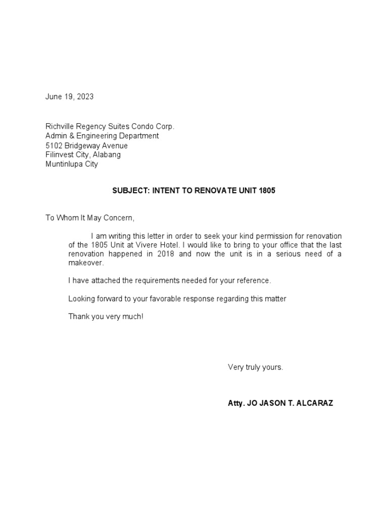 Letter of Intent To Renovate The Unit | PDF