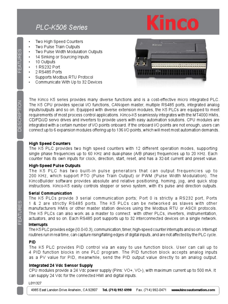 L011327 - K506 Series Kinco Spec Sheet | PDF | Programmable Logic ...