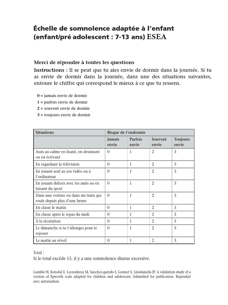 Échelle de somnolence adaptée aux enfants | PDF | Sommeil | Déterminant ...