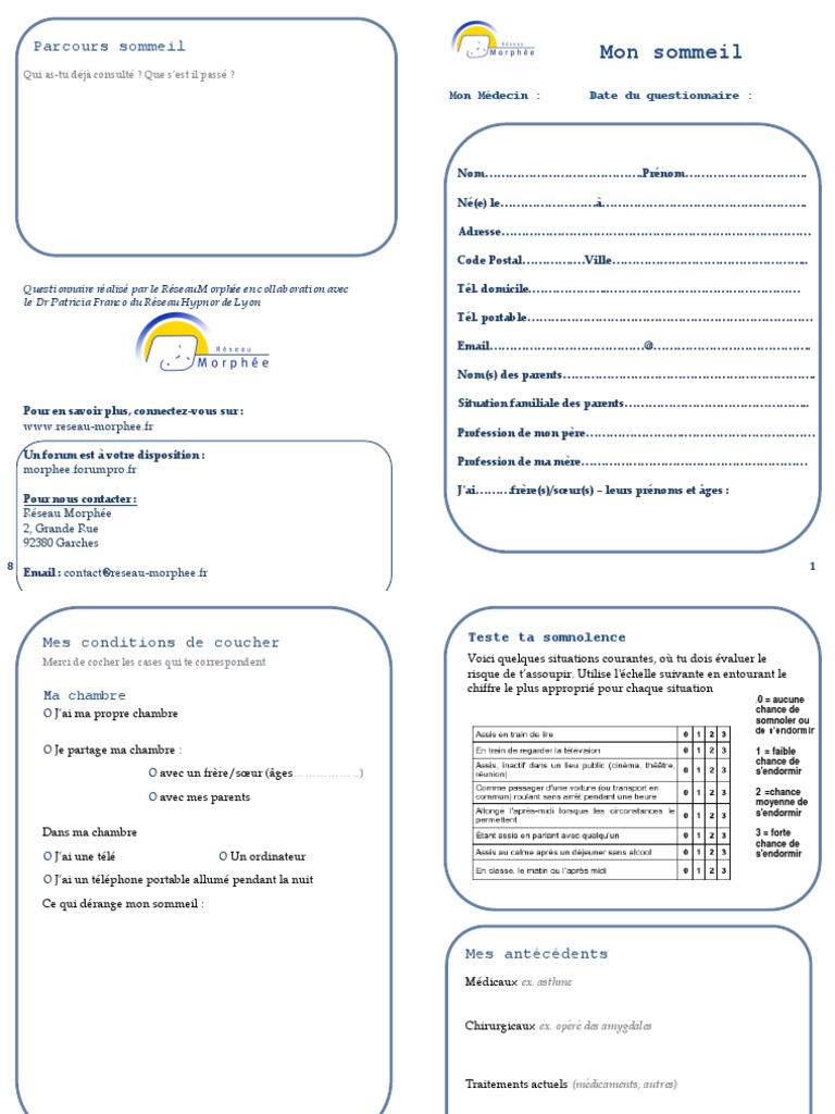 Questionnaire Du Sommeil de L'adolescent - Morphee | PDF