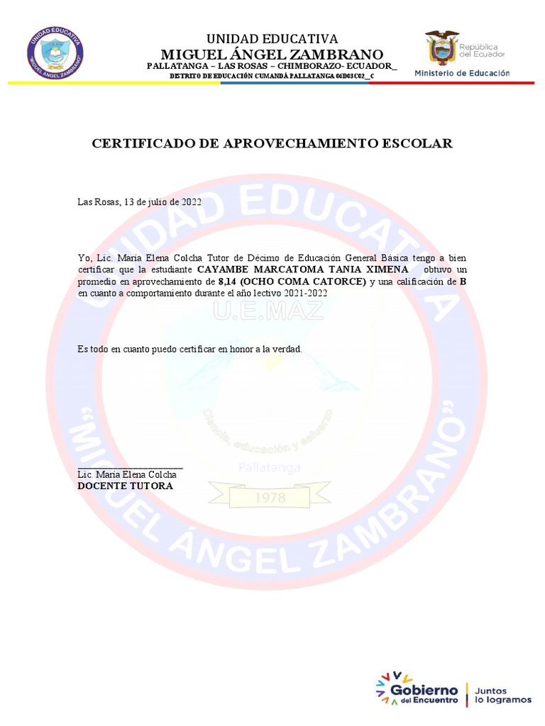 Certificados de Aprovechamiento Escolar 2022 | PDF