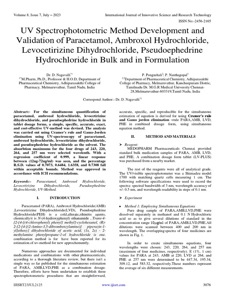 UV Spectrophotometric Method Development and Validation of Paracetamol ... UV Spectrophotometric Method Development and Validation of Paracetamol ...