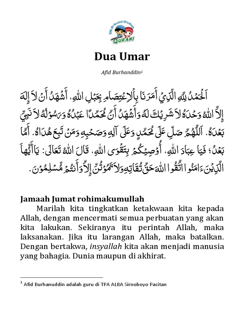 Khutbah Jumat 2020 - Dua Umar | PDF