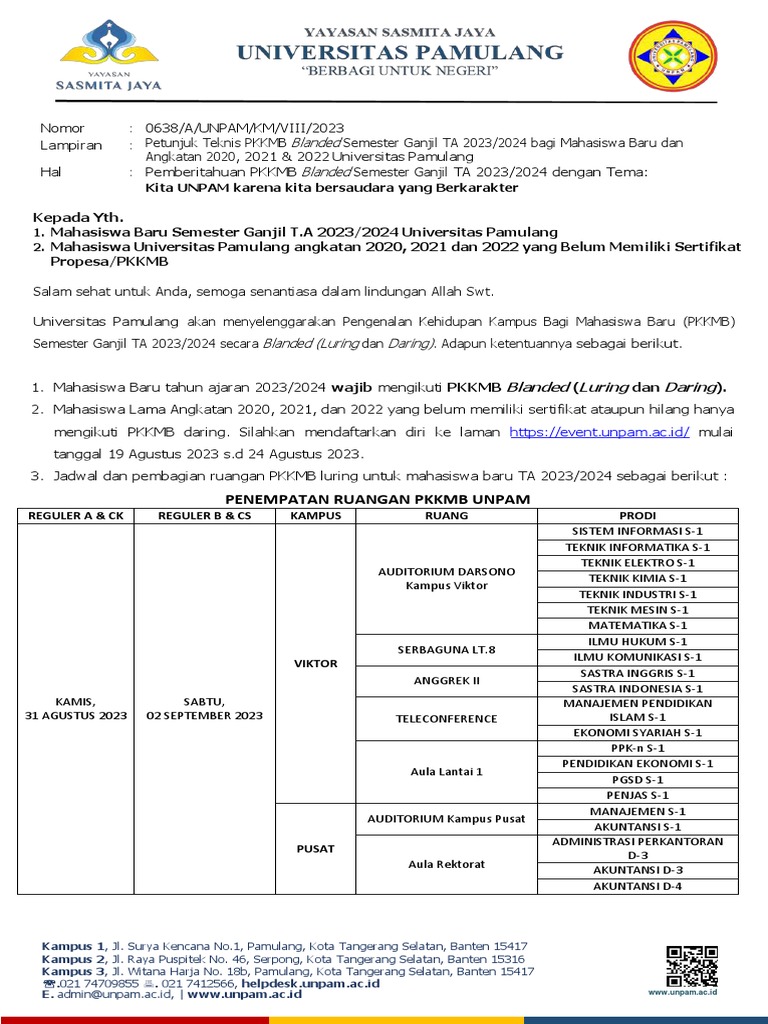 Surat PKKMB Semester Ganjil TA 2023-2024 UNPAM Pamulang Revisi | PDF