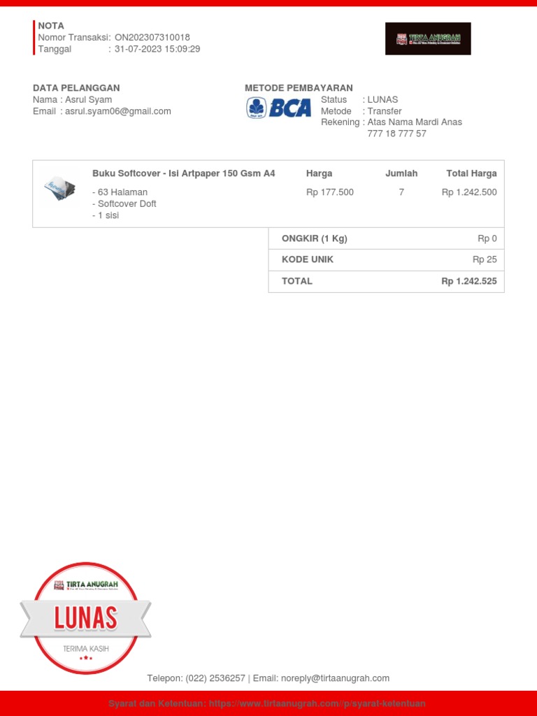 Nota Pembelian Tirta Anugrah - On202307310018 | PDF