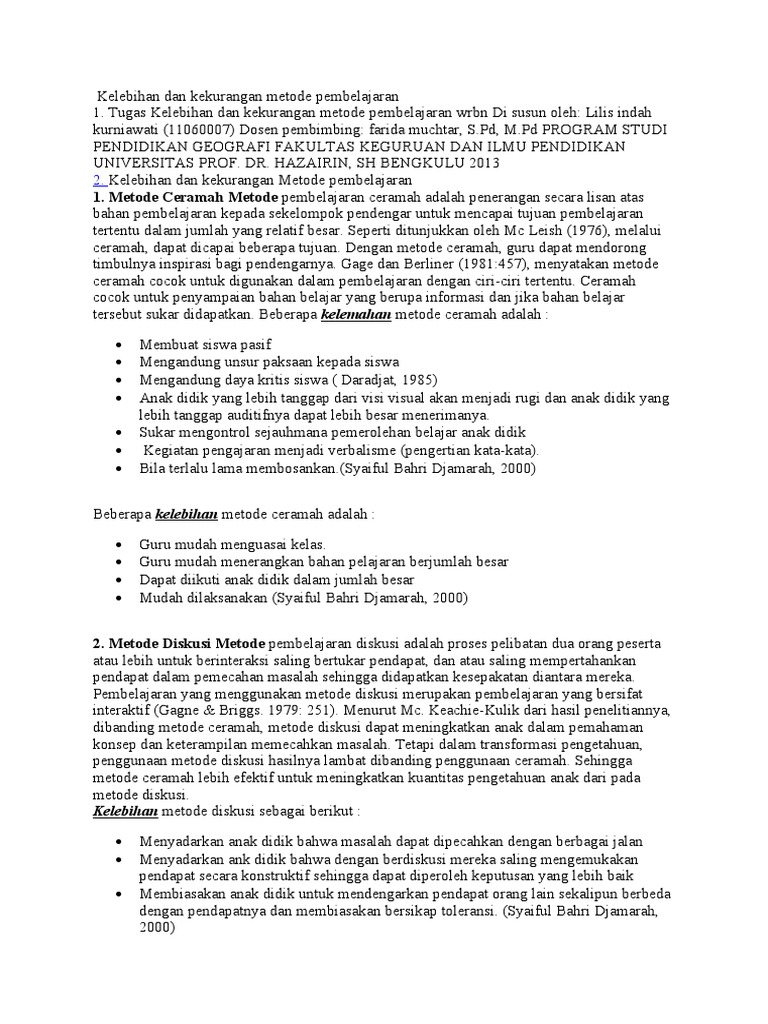 Kelebihan Dan Kekurangan Metode Pembelajaran | PDF
