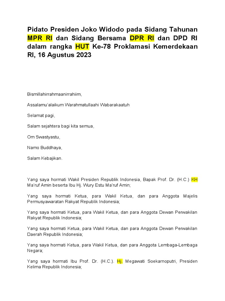 Pidato Presiden Joko Widodo Pada Sidang Tahunan MPR RI Dan Sidang Bersama DPR RI Dan DPD RI ...