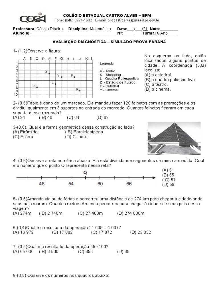 Simulado Prova Paraná Sexto Ano Adaptado | PDF