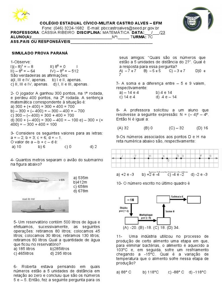 Simulado Prova Paraná SÉTIMO Ano 23 | PDF | Celsius