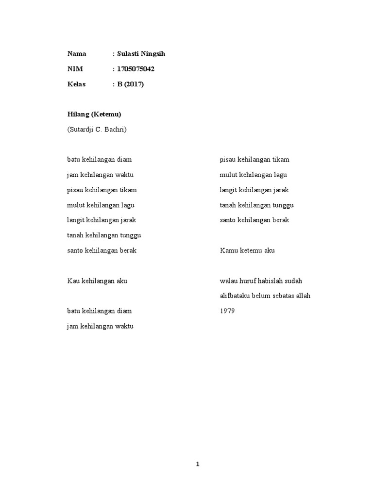 Analisis Puisi Hilang Ketemu Karya Sutardji C Bachri | PDF | Seni