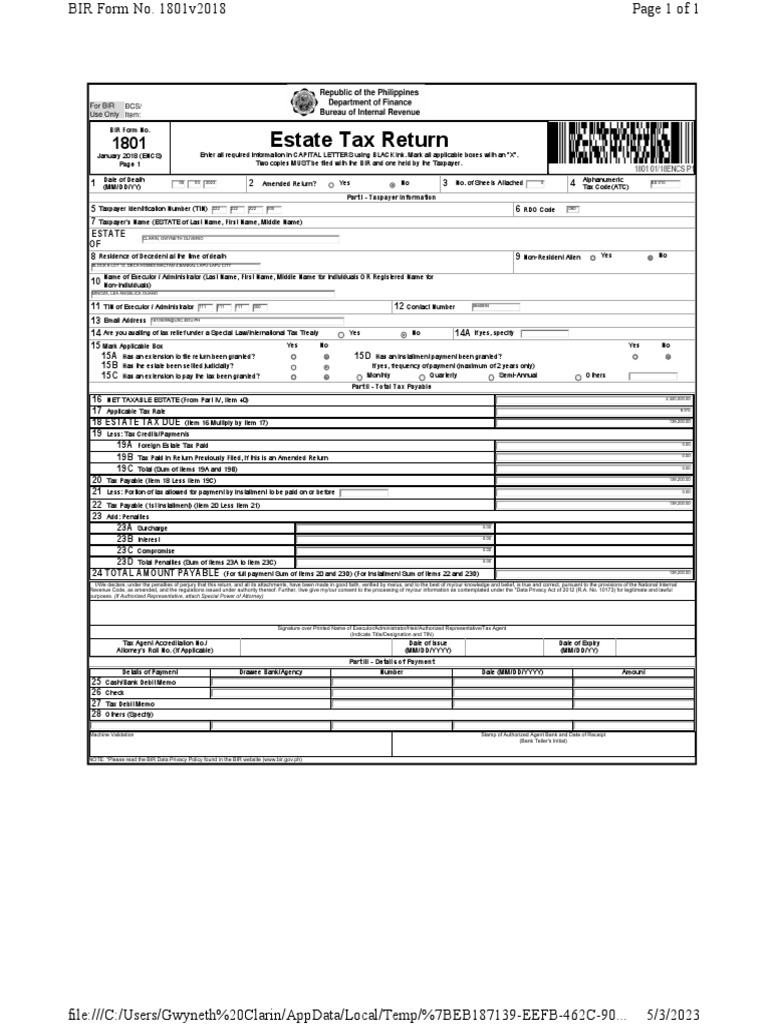 Estate Tax Return Form 1801 | PDF | Taxes | Book Value