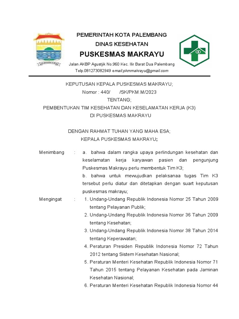Pembentukan Tim K3 Puskesmas Makrayu | PDF