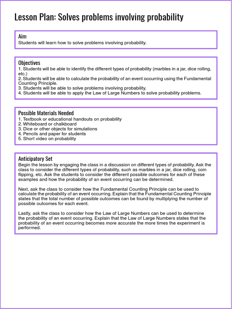 Solves Problems Involving Probability Lesson Plan1692086243340 | PDF