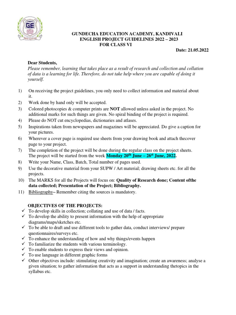 Class 6 English Language Project Guidelines_ 2022-23 (1) | PDF ...
