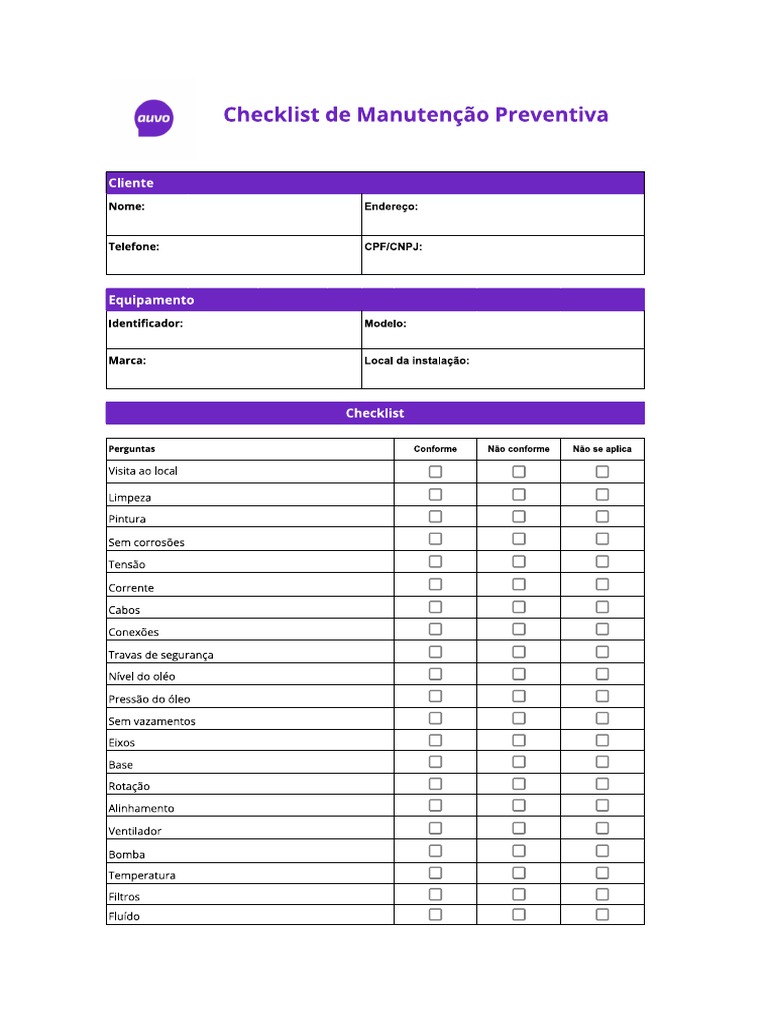 Modelo de Checklist de Manutenção Preventiva | PDF Modelo de Checklist de Manutenção Preventiva | PDF