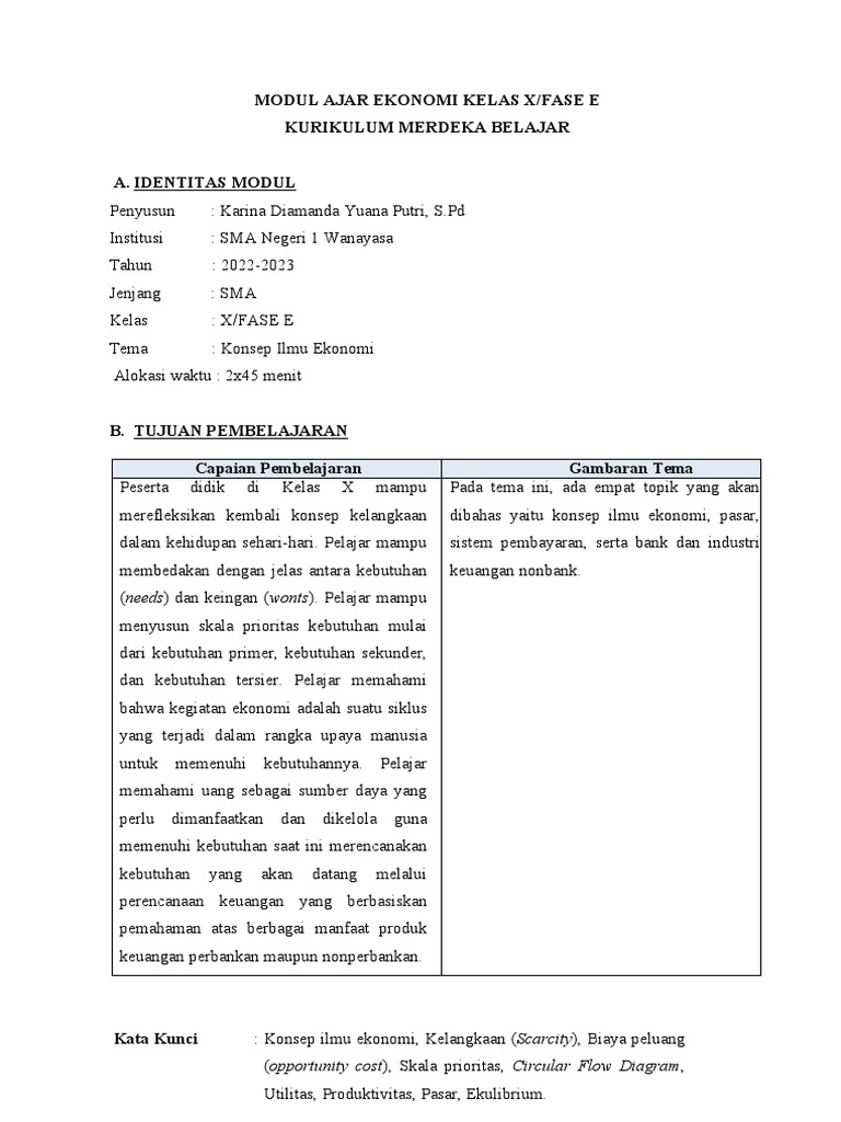 Modul Ajar Ekonomi Kelas X Sudah Print | PDF