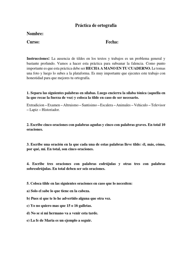 Práctica de Ortografía | PDF
