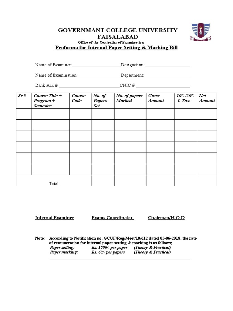 GCUF Exam Fee Structure and Bill Form | PDF | Technology & Engineering