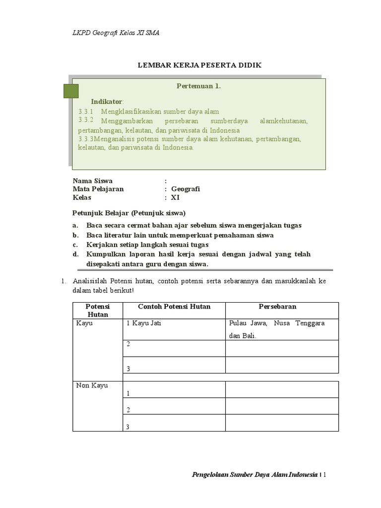 LKPD Geografi Kelas XI SDA 1 | PDF